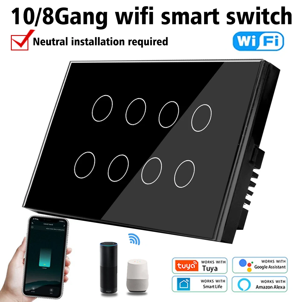 10Gang Tuya Wifi Smart Touch Light Wall Switch Glass Panel Tuya App ...