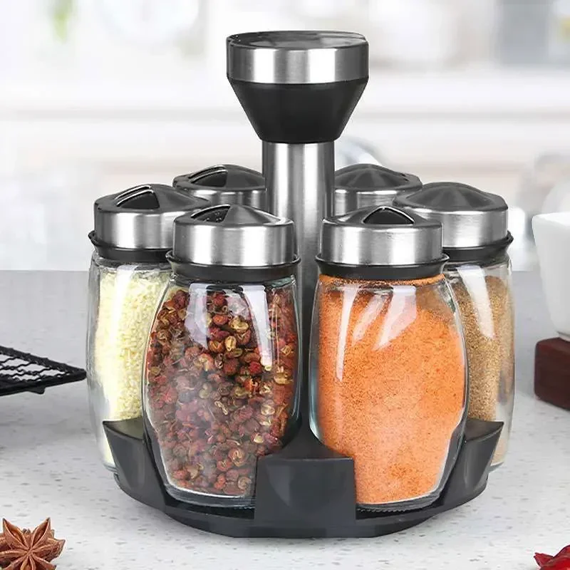 1-7pcs-Spice-Jar-Set-Rack-Glass-Organizer-Rotating-Glass-Seasoning ...