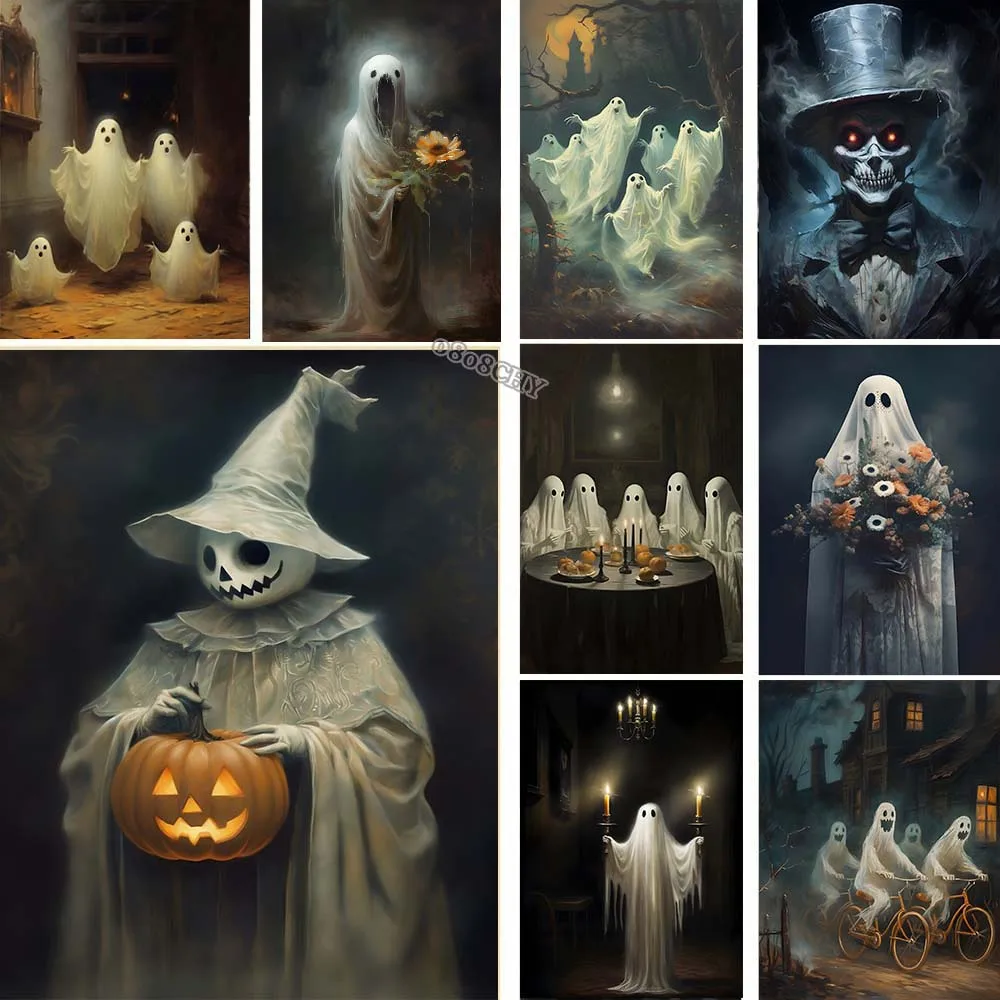Halloween-Mural-Ghost-with-Pumpkin-flowers-Portrait-Posters-Canvas ...