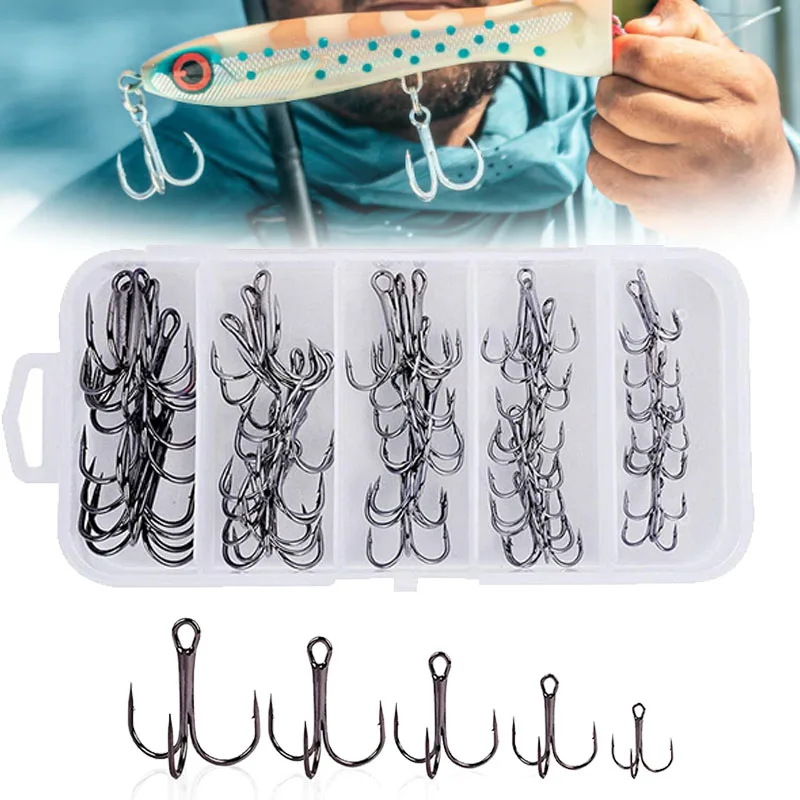 50pcs/lot Mix Treble Fishing Hook In box High Carbon Steel Barbed ...