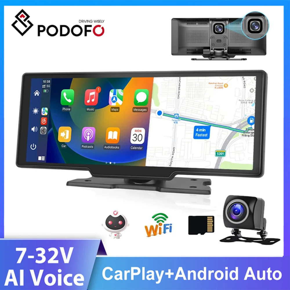 Podofo 10.26" Dash Cam Rearview Camera Carplay & Android Auto DVR GPS ...