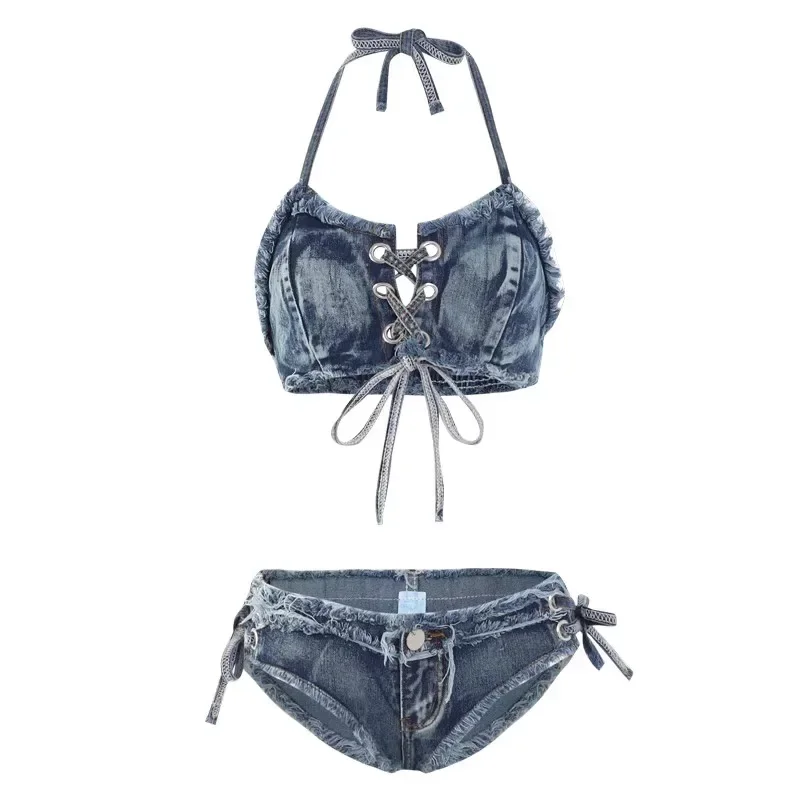 Sexy Denim Bikini Set White Chest Strap Split Vacation Swimsuit Women ...
