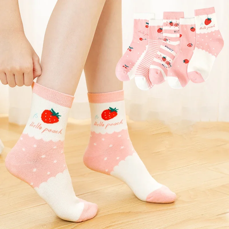 5Pairs-Girls-Socks-Autumn-and-Winter-Strawberry-Cute-Mid-Length-Socks ...