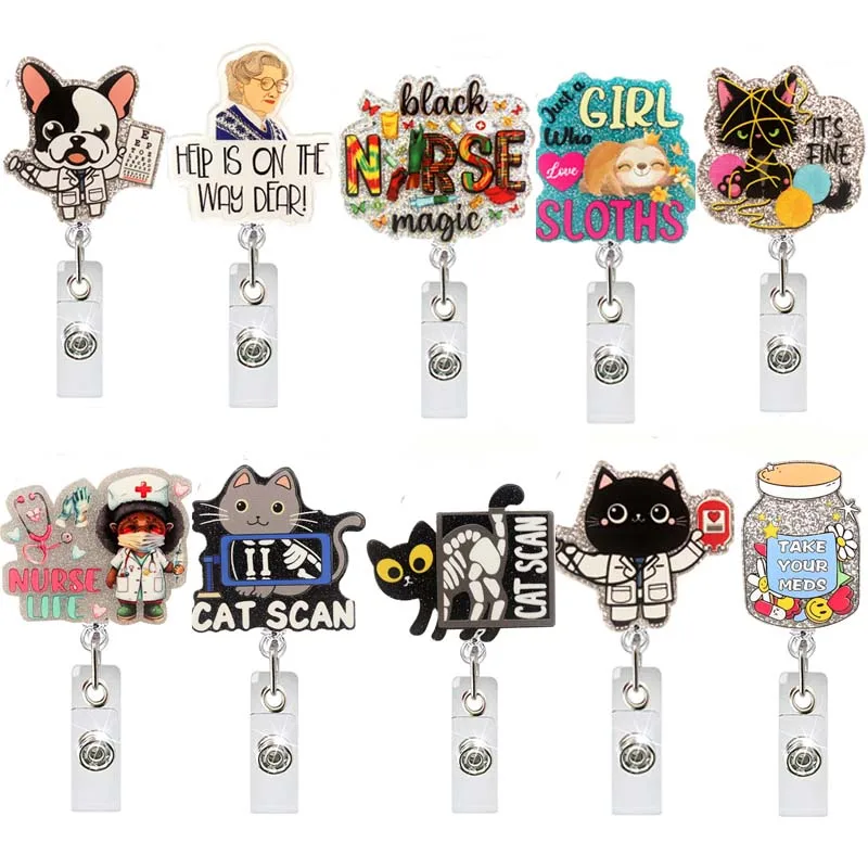 New-Glitter-Acrylic-Dog-Cat-Badge-Reel-Retractable-ID-Badge-Holder-With ...