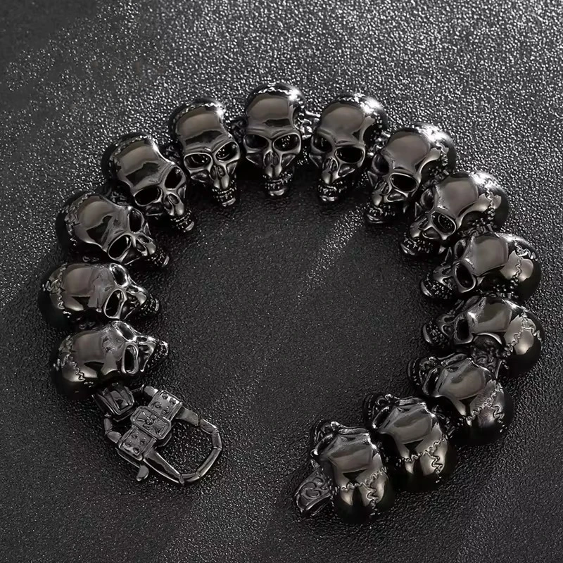 Punk-Long-Skull-Bracelets-For-Men-Stainless-Steel-Black-Skull-Charm ...