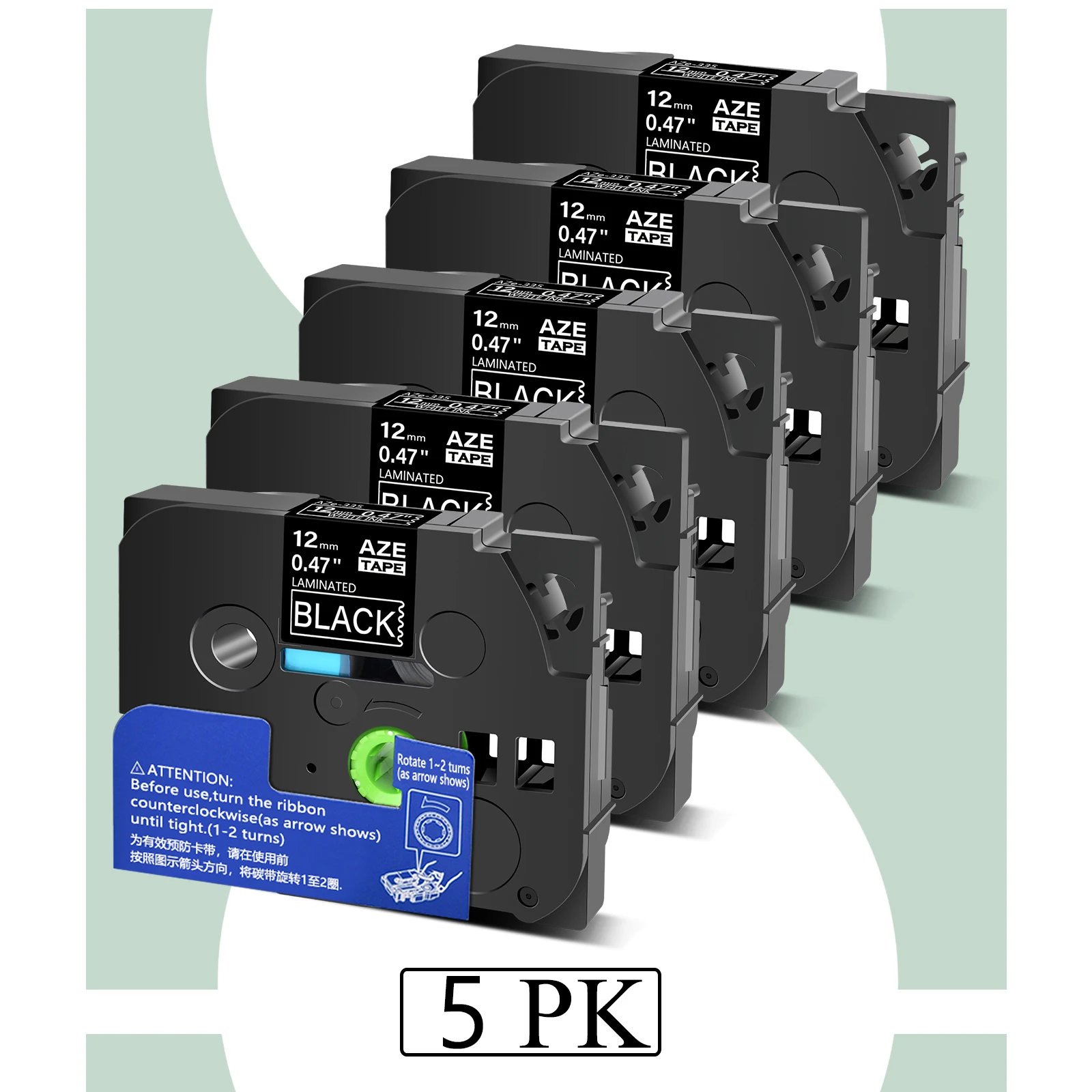 5 PK White on Black Aze 335 Label Tape Laminated Compatible For Brother ...