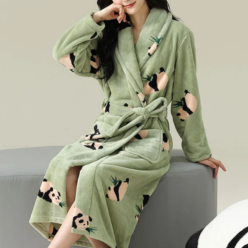 Panda Print Flannel Kimono Bathrobe Gown Sleepwear Winter Female Robe ...