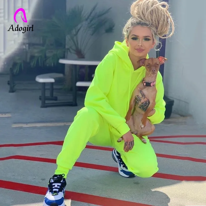 Fitness-2019-Neon-Green-Solid-Tracksuit-Women-2-Piece-Set-Casual-Outfit ...