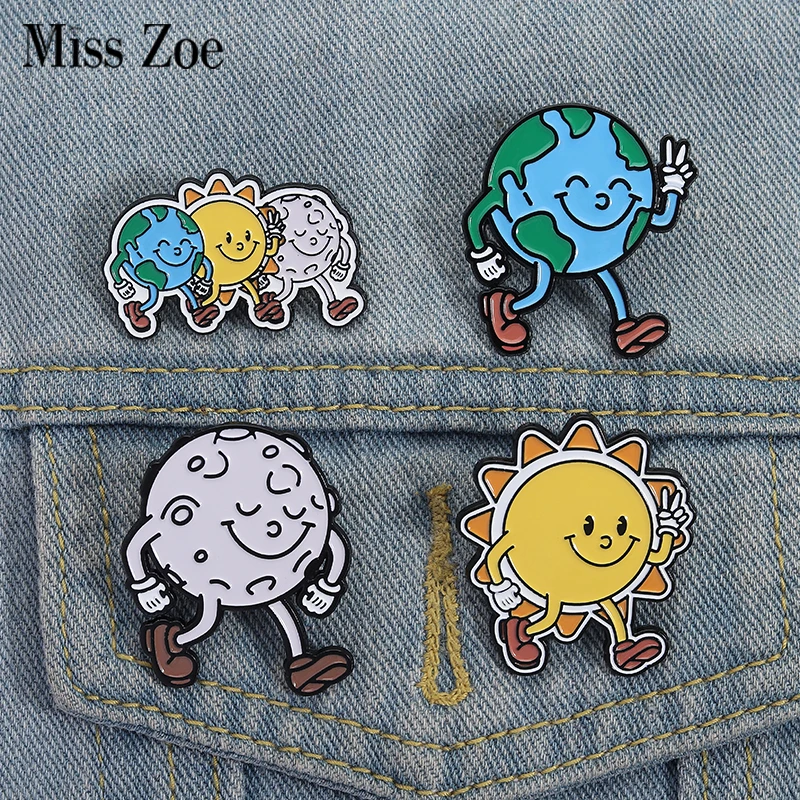 Cute Cartoon Character Enamel Pins Custom Earth Moon Sun Brooches Lapel ...