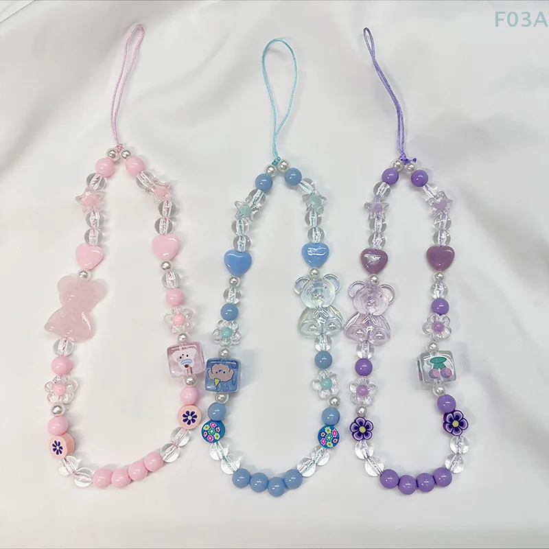 Cute Bear Bow Mobile Phone Rope Keychain Lanyard Phone Beaded Chain ...
