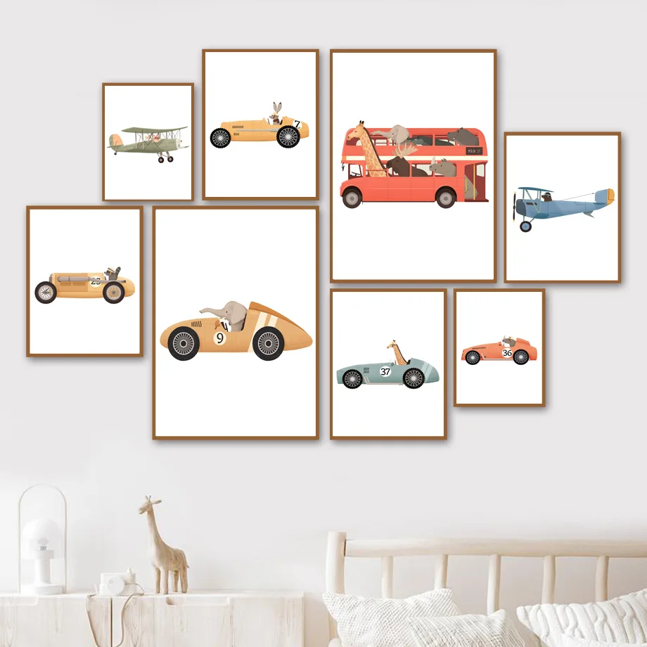 Airplane-Whimsical-Animal-Race-Car-Bus-Nursery-Wall-Art-Canvas-Painting ...