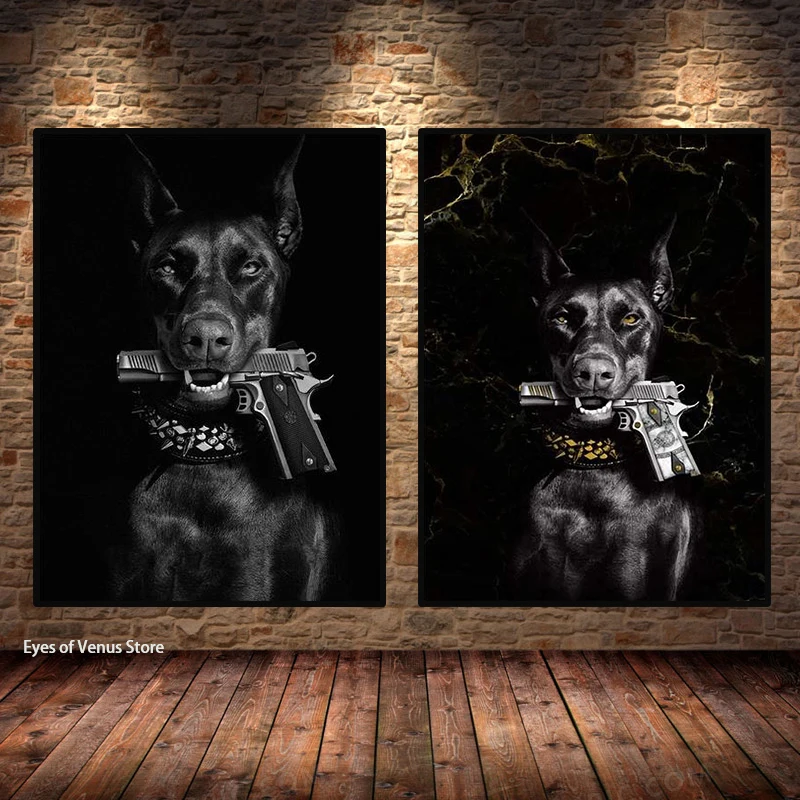 Pintura-impresa-en-lienzo-de-perro-con-arma-Doberman-con-pistola-en-la ...