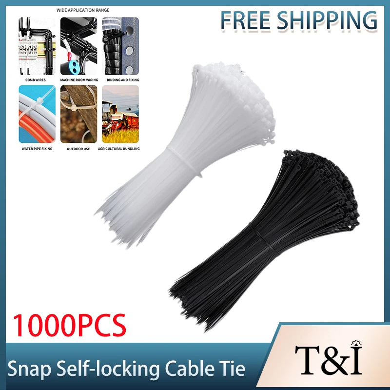 1000Pcs-Self-locking-Plastic-Nylon-Cable-Tie-White-Black-5X200mm-Cable ...
