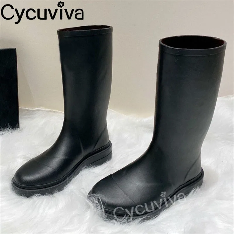 Botas de chuva femininas, sapatos de borracha, salto plano, cano alto ...