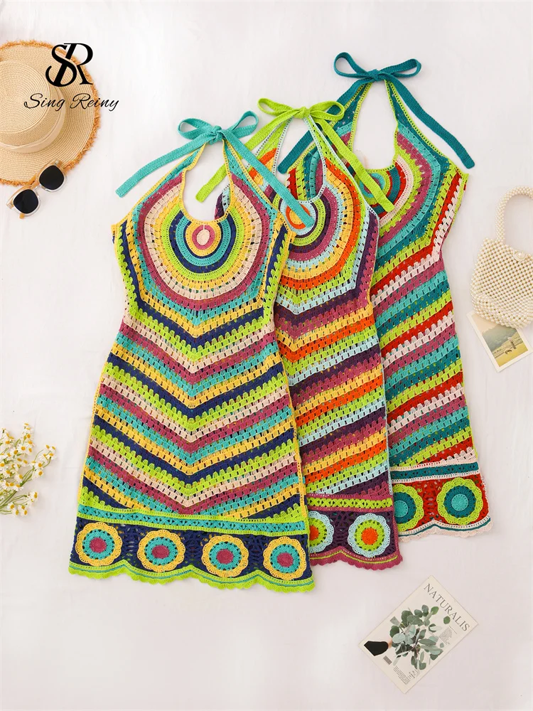 SINGREINY Halter Striped Knitted Sundress Backless Hook Flower Hollow ...