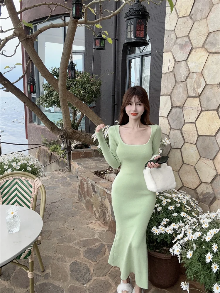 스퀘어 칼라 긴 소매 드레스 여성용 봄 섹시한 오픈 칼라 본 스커트 타이트 허리 포옹 피쉬 테일 힙 스커트 원스텝 롱 드레스