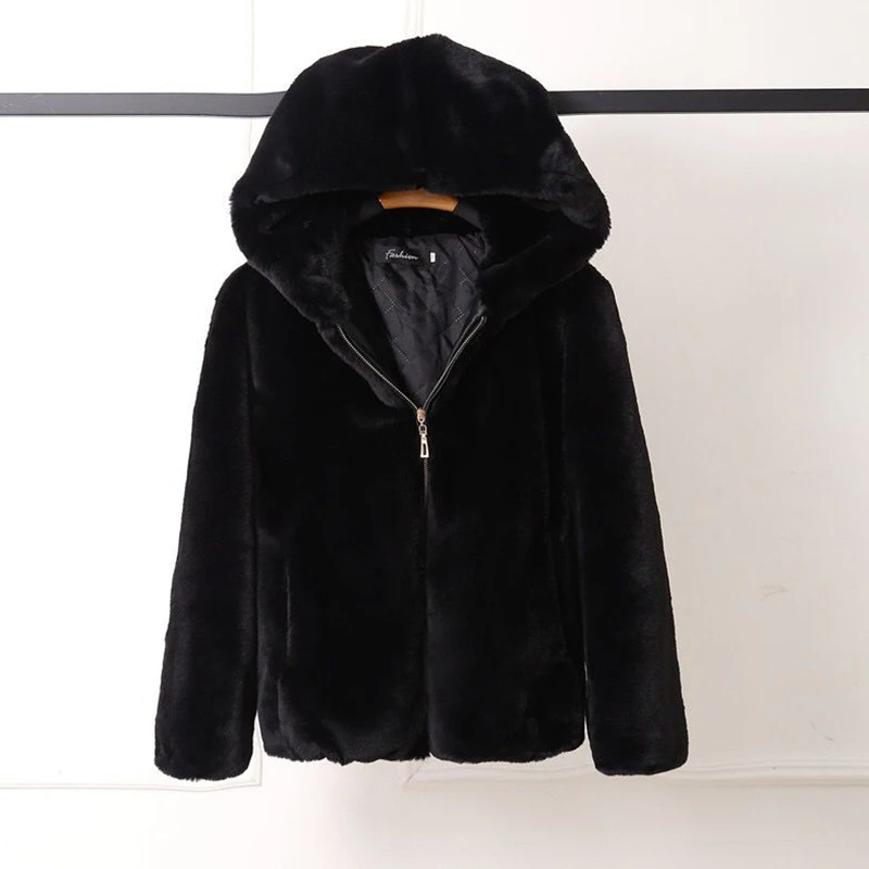 Lucyever High Quality Faux Rabbit Fur Hooded Coat Women Black Luxury ...