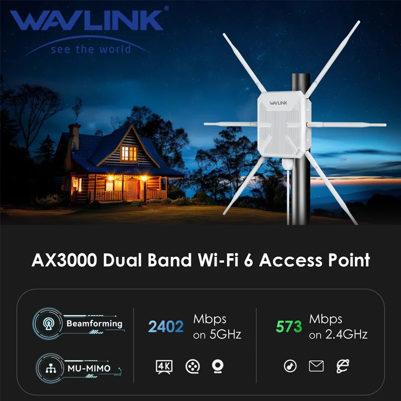 WAVLINK WiFi6 Outdoor Dual Band 2.4G+5G AX3000 Long Range Mesh Extender ...