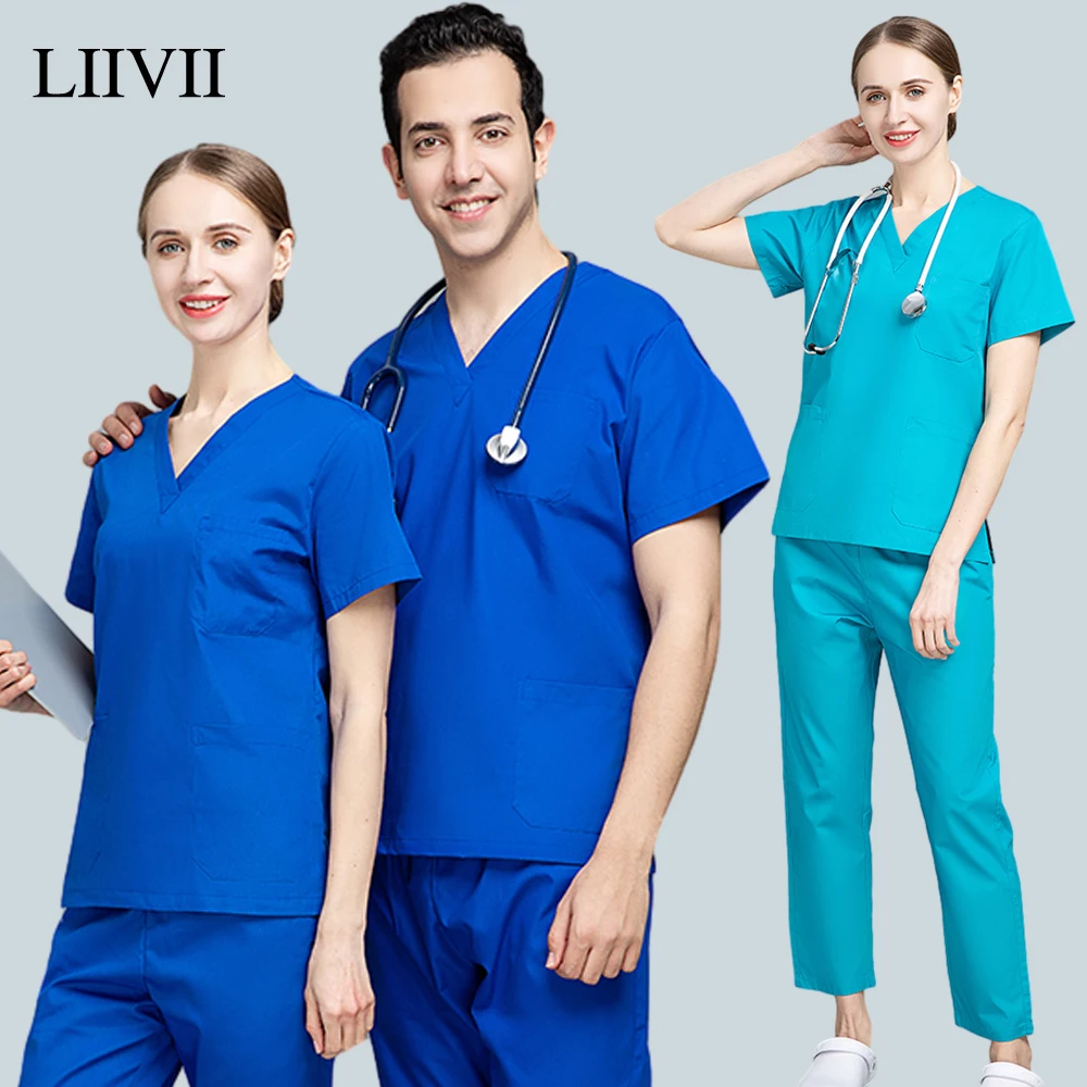 Medical-Scrub-Set-Royal-Blue-Women-Men-Scrubs-Sets-Operating-Room-Top ...