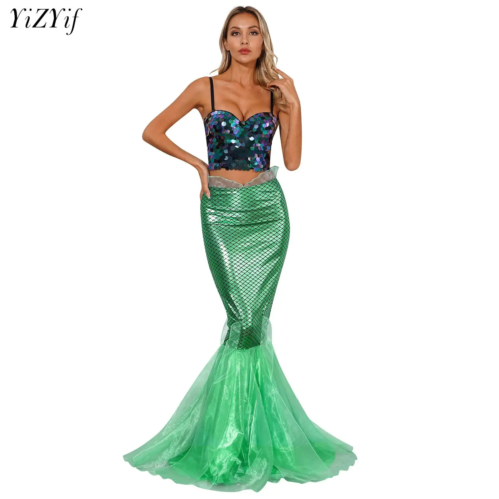 Women-Mermaid-Cosplay-Costumes-Sequin-Bustier-Corset-Crop-Top-with-Fish ...