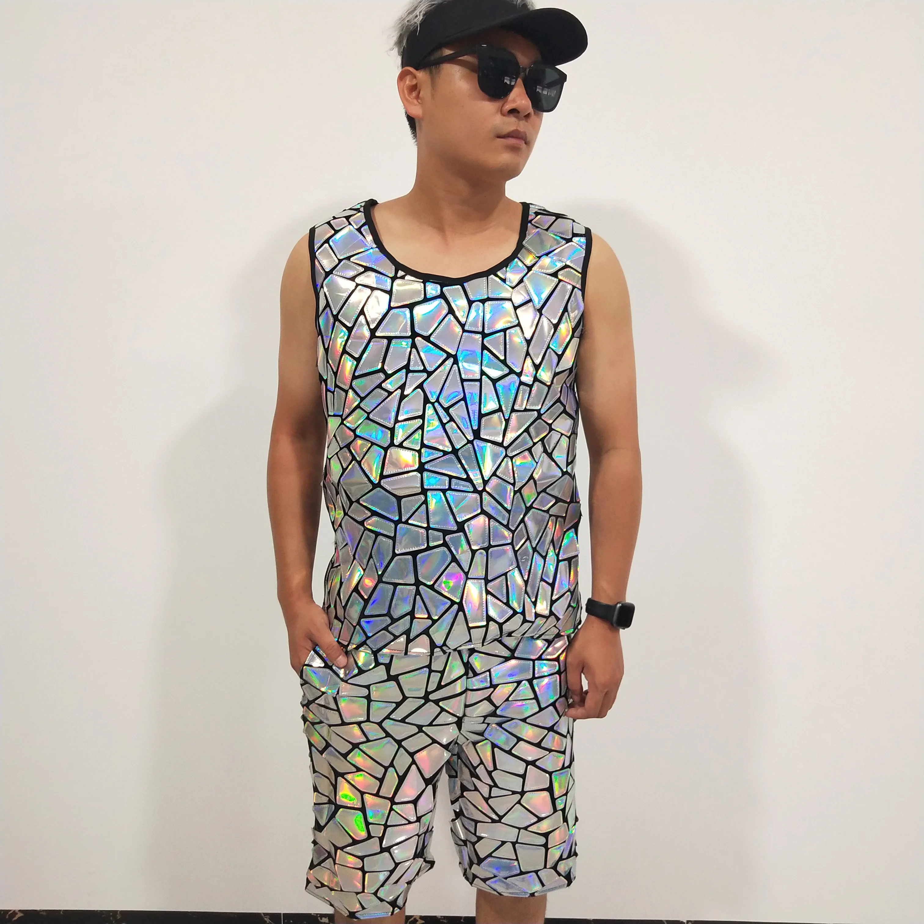 Sliver-Laser-Mirror-Sequins-Men-Casual-Sets-Carnival-Party-Shorts-Tops ...