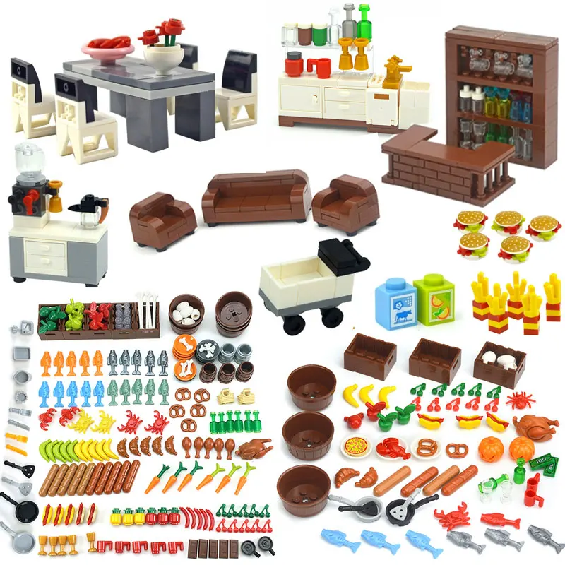 City MOC Table Food Bread Pizza Fries Fruit Carrot Hamburger Model Toys ...