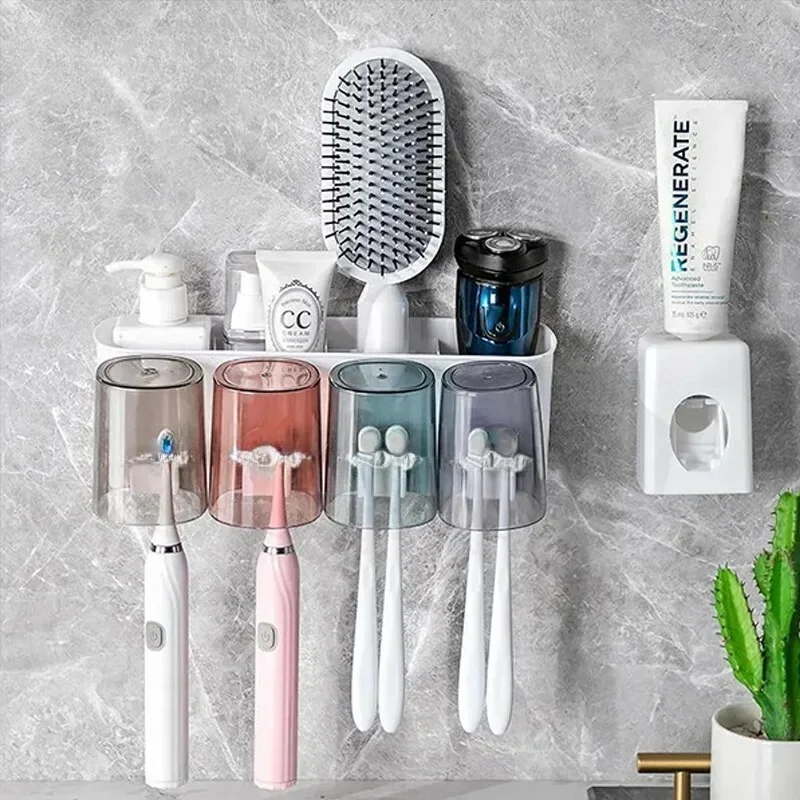 Wall-Mounted-Toothbrush-Holder-with-Cup-Automatic-Toothpaste-Squeezer ...