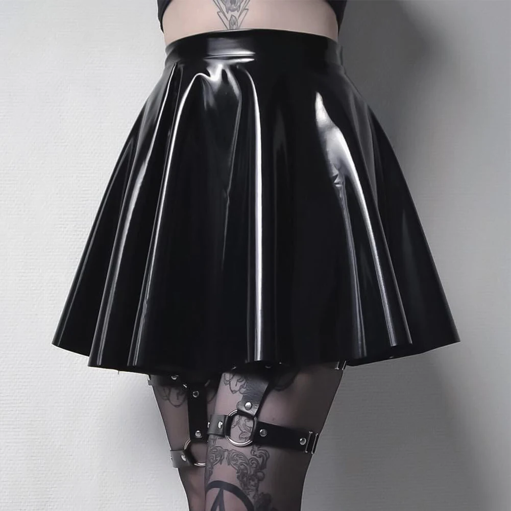 Fashion-Women-s-Shinny-Wet-Look-PVC-Leather-Pleated-Skirt-Solid-Black-A ...