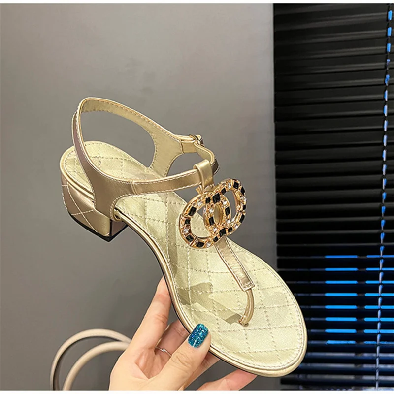 Rhinestones Flip Flops Ladies Shoes Churry Heels Women's Sandals Ankle ...