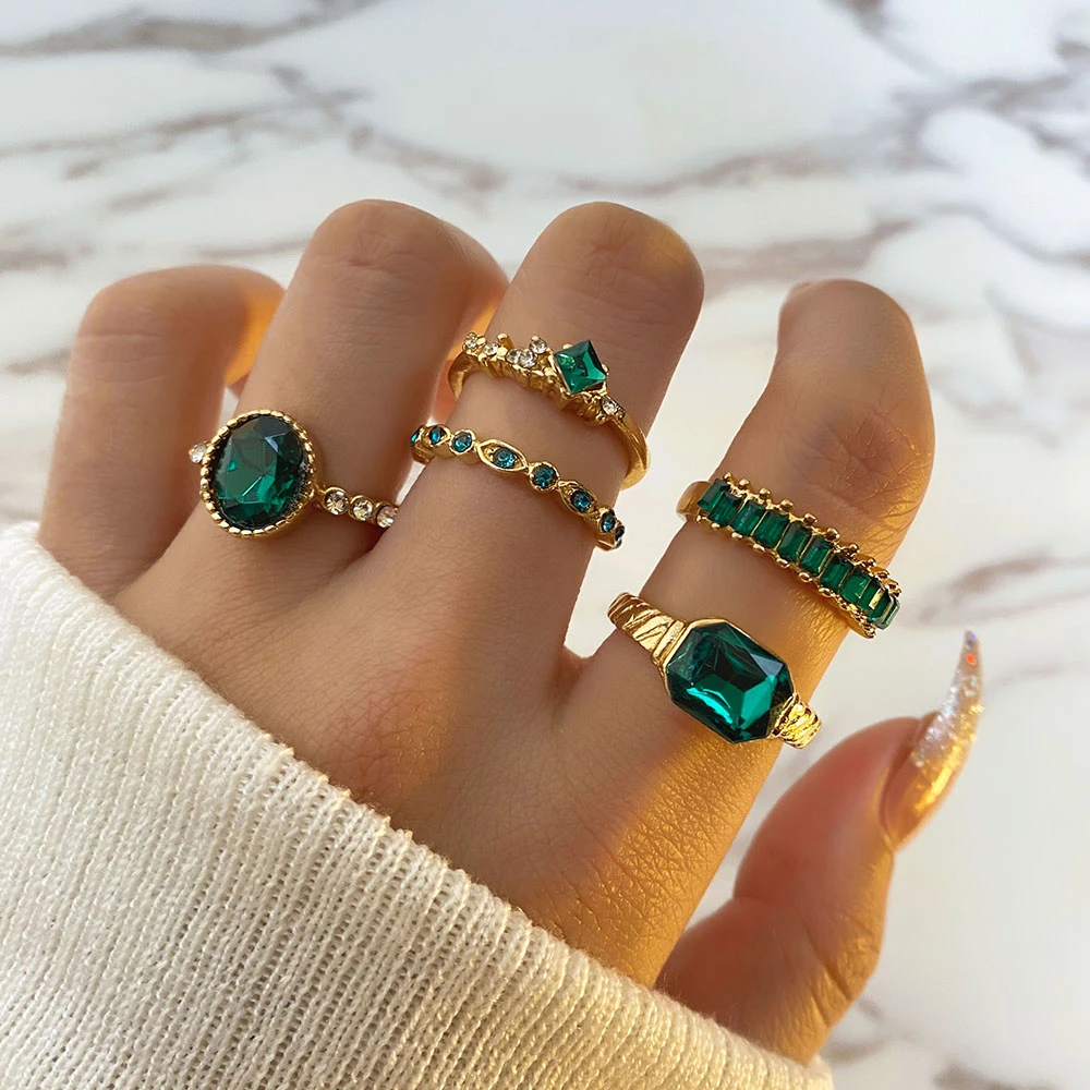 ZOVOLI 5Pcs Green Crystal Rings Set for Women Gold Plated Vintage ...