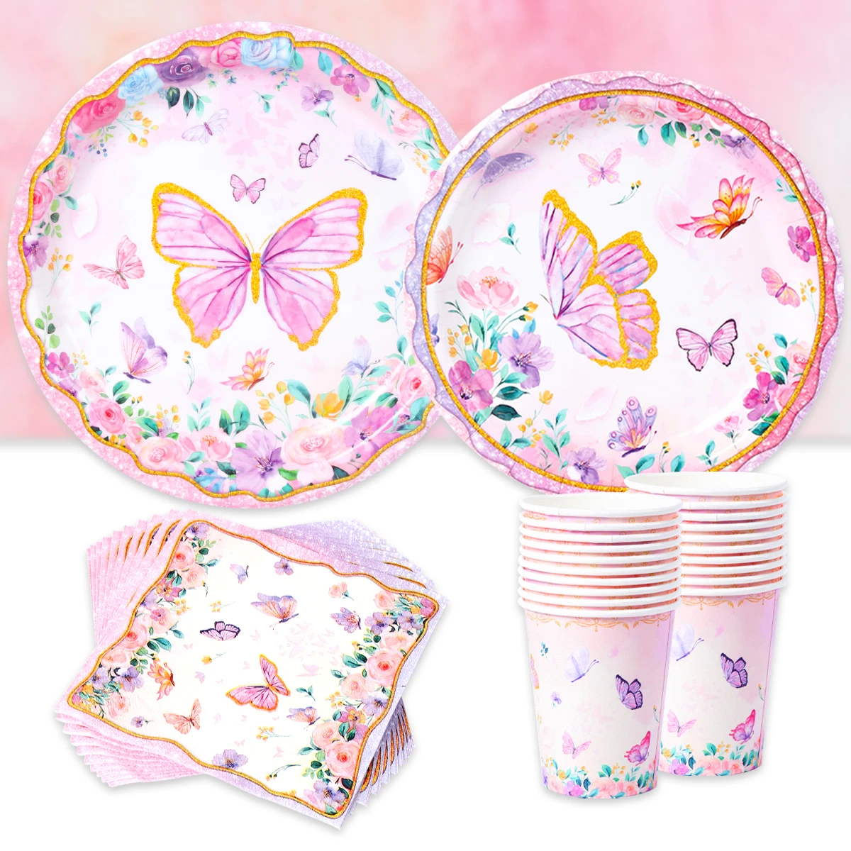 Pink Butterfly Birthday Decorations Tableware Backdrop 1st Birthday ...