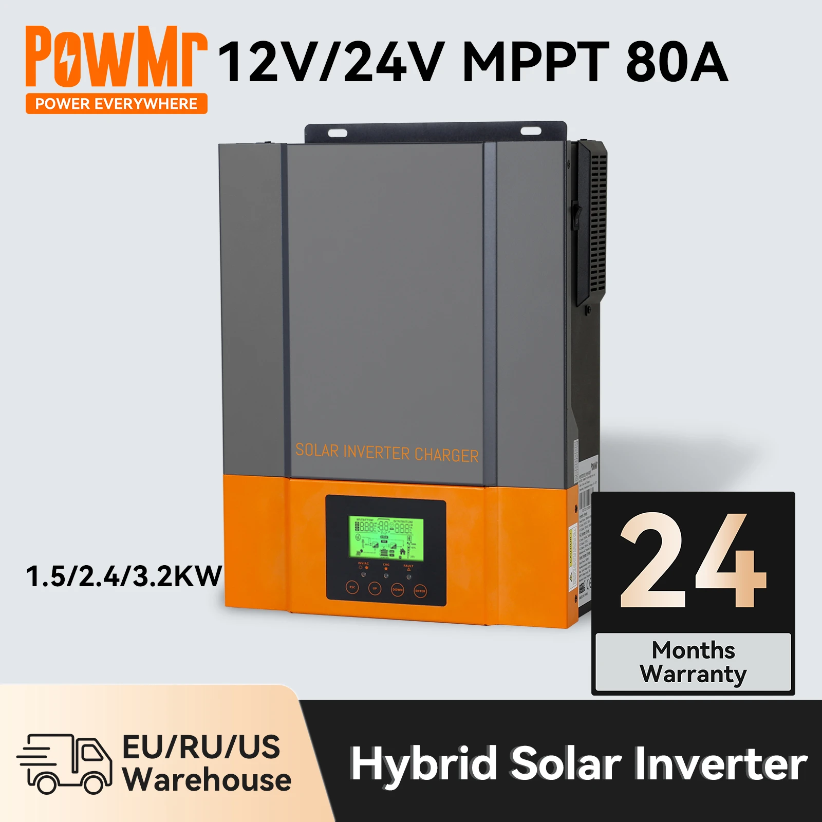 PowMr 하이브리드 태양광 인버터, 24V 12V 순수 사인파 인버터, MPPT 80A 230V 전압 변환기, 그리드 최대 PV 450V 1.5KW 2KW 3KW ...
