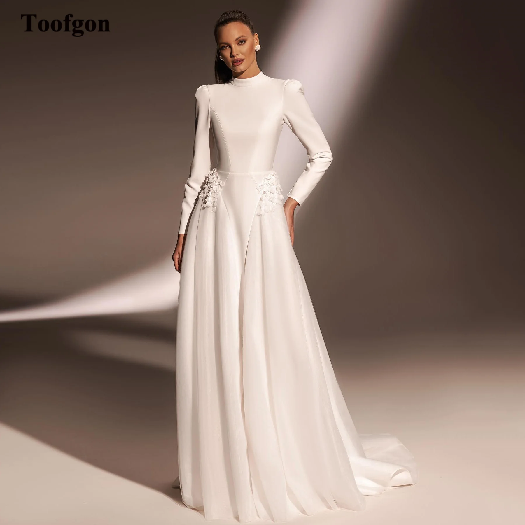 Customized Matte Satin Wedding Dresses Long Sleeves High Neck Flowers ...