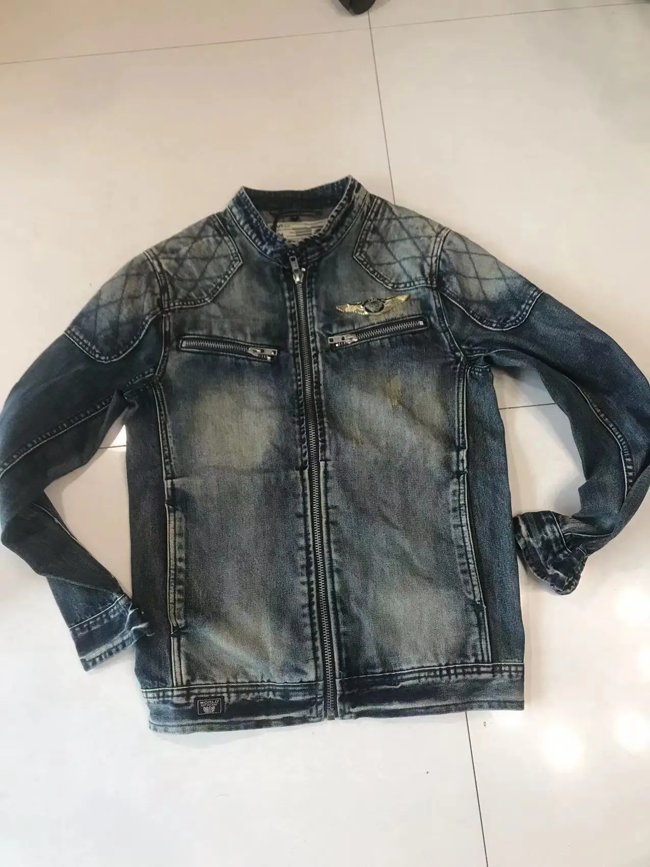 Zip-Up-Motorcycle-Biker-Denim-Jacket-Metal-Badge-Men-Slim-Fit ...