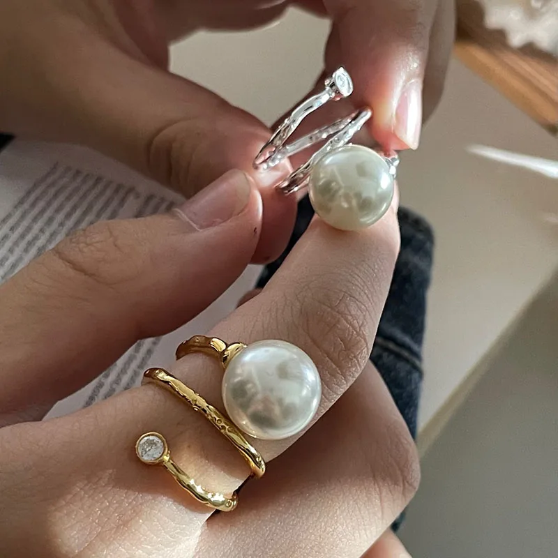 Big pearl spiral rings for women cz stone spring statement wide rings ...