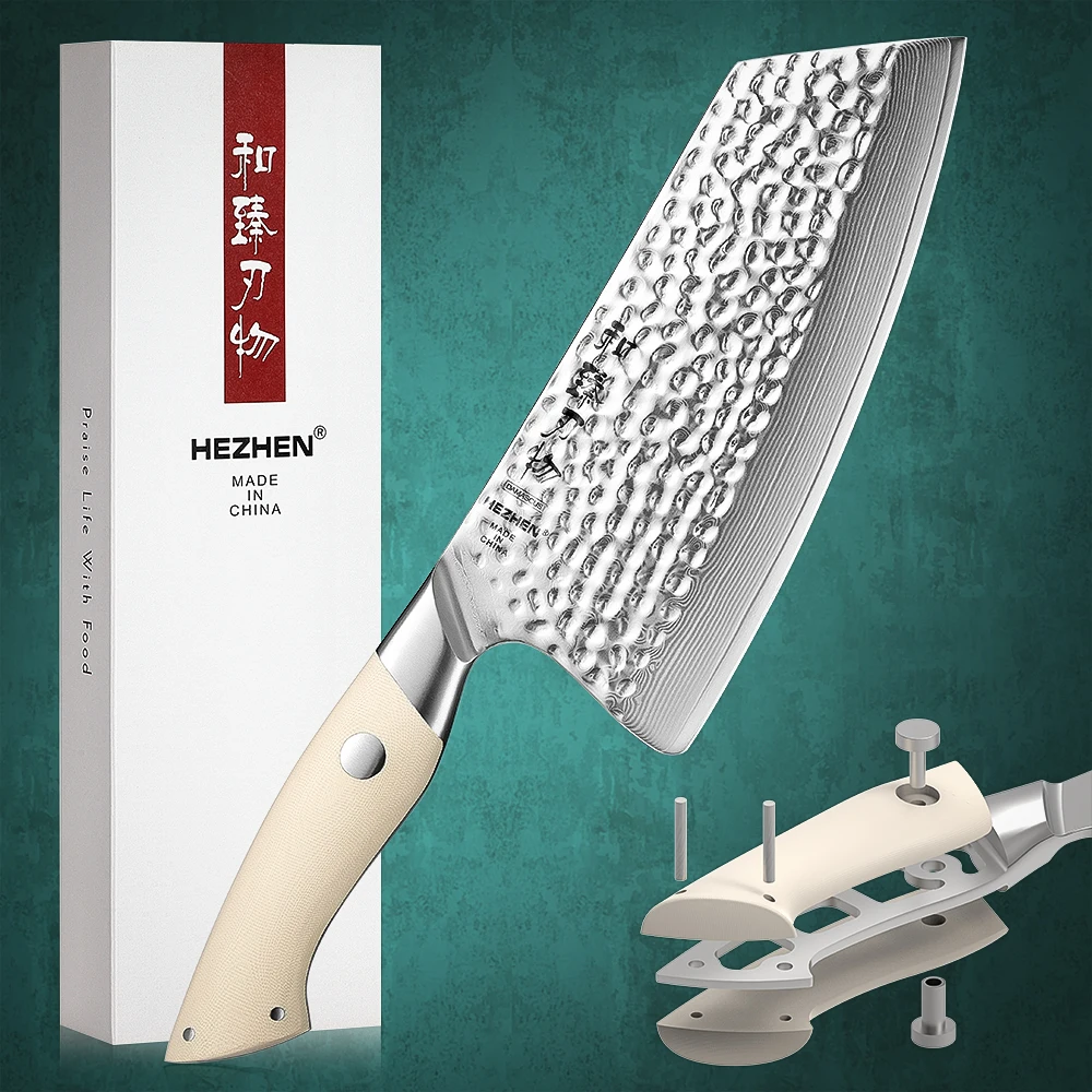 HEZHEN 7 Inch Cleaver Knife Damascus Steel Kitchen Knife Cooking ...