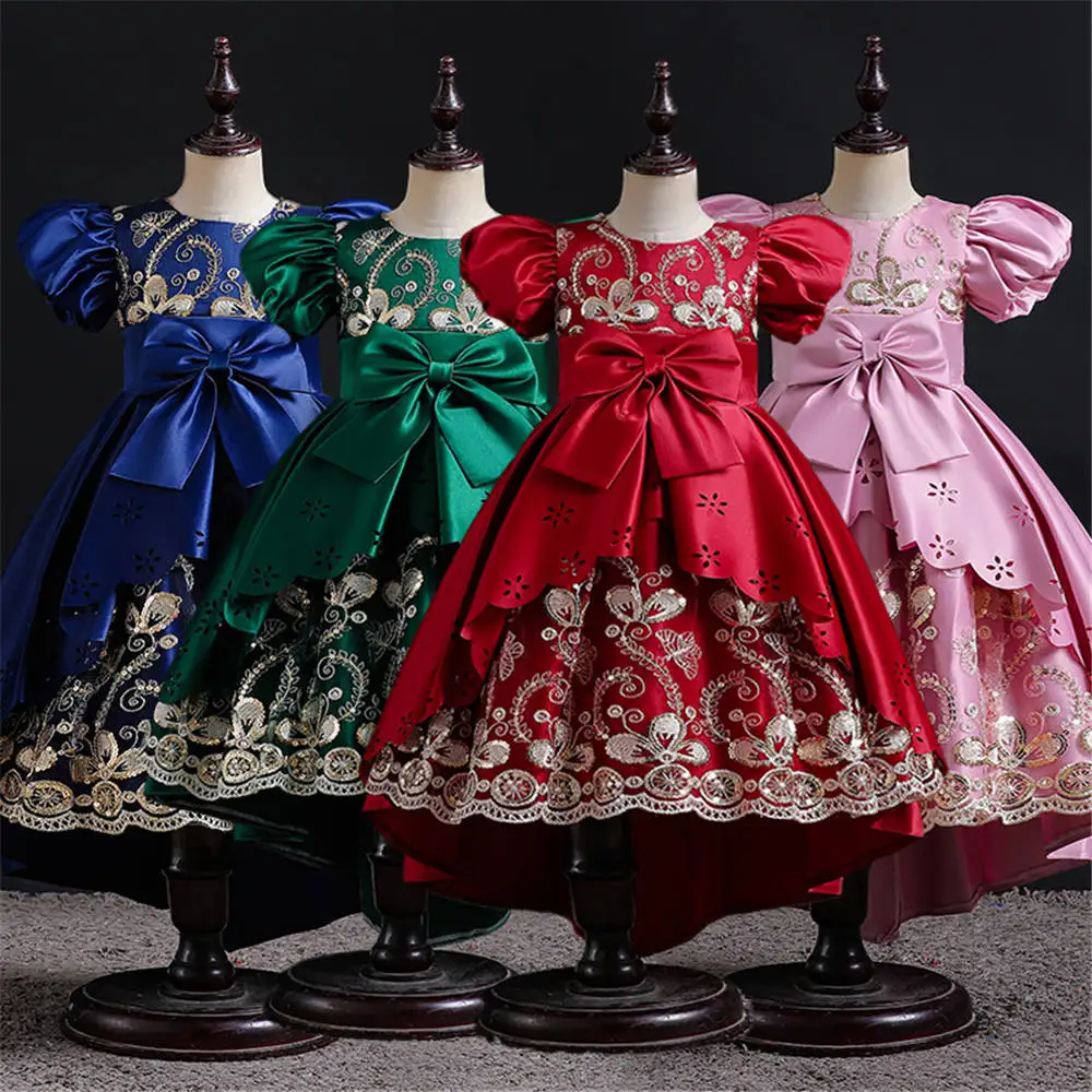 Kids-Girls-Embroidered-Trailing-Dress-Puff-Sleeves-Bow-Ball-Gown-For ...