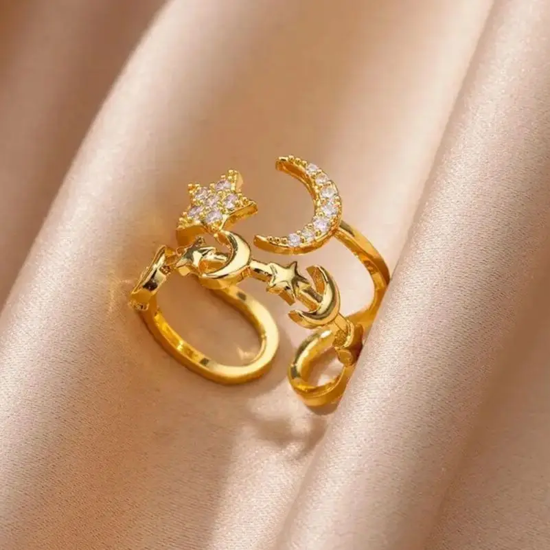 Zircon-Star-Moon-Rings-For-Women-Gold-Color-Adjustable-Stainless-Steel ...