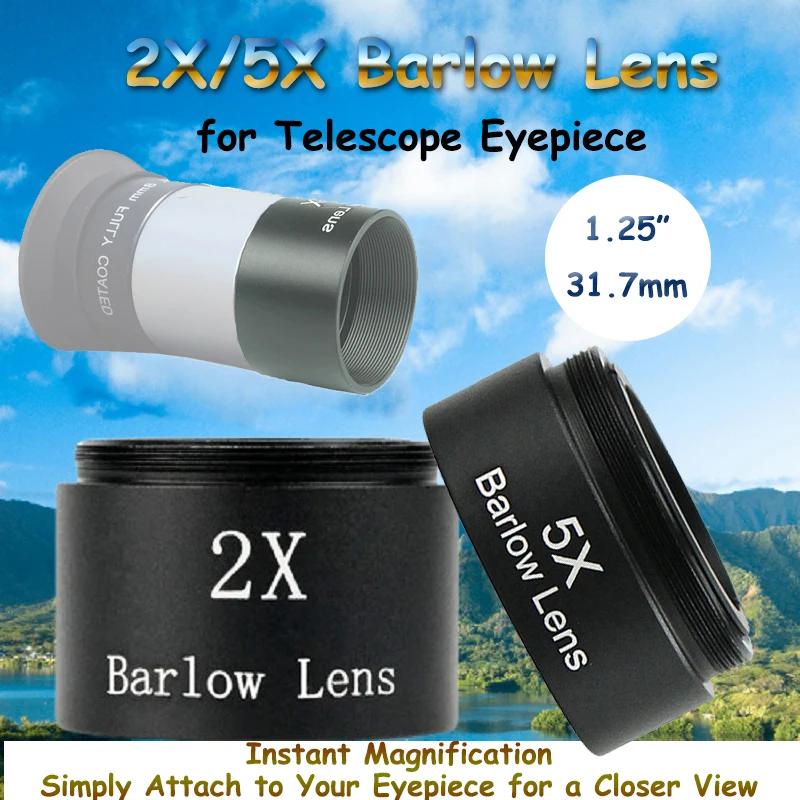 1.25"/31.7mm 2X&5X Barlow Lens Optical Glass M28*0.6mm Filter Thread ...