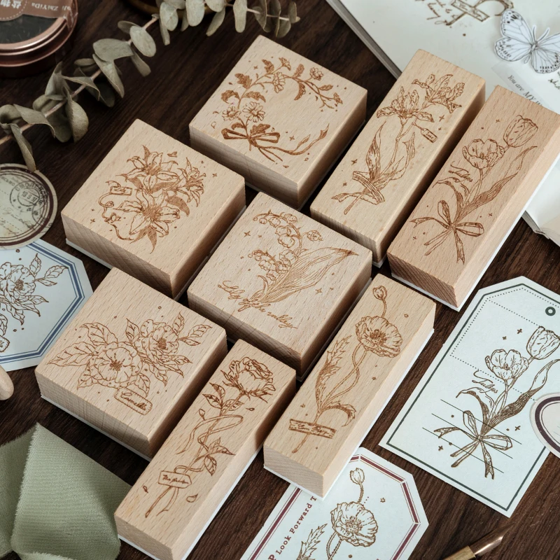 Yoofun Aesthetic Flower Wood Stamp INS Fresh Plants Standard Stamp for ...