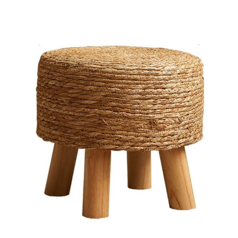 Woven Stools Wooden Round Ottoman Pouf Low Footrest Living Room Rattan ...