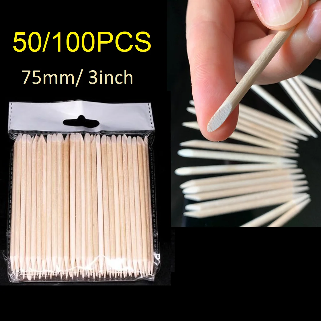 50/100Pcs Orange Wooden Nail Stick Boxwood Sticks for Manicure ...