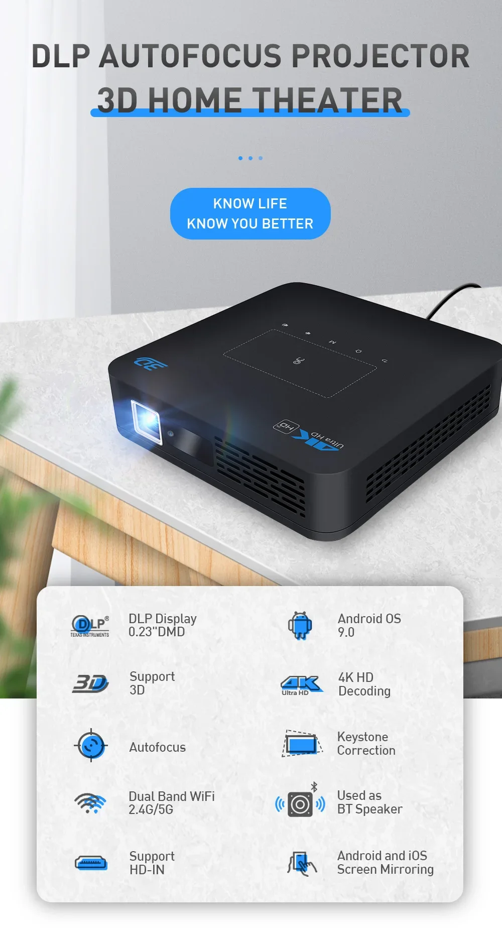 3D Mini 1080P Native DLP Projector Home Theater 4K Android Smart ...