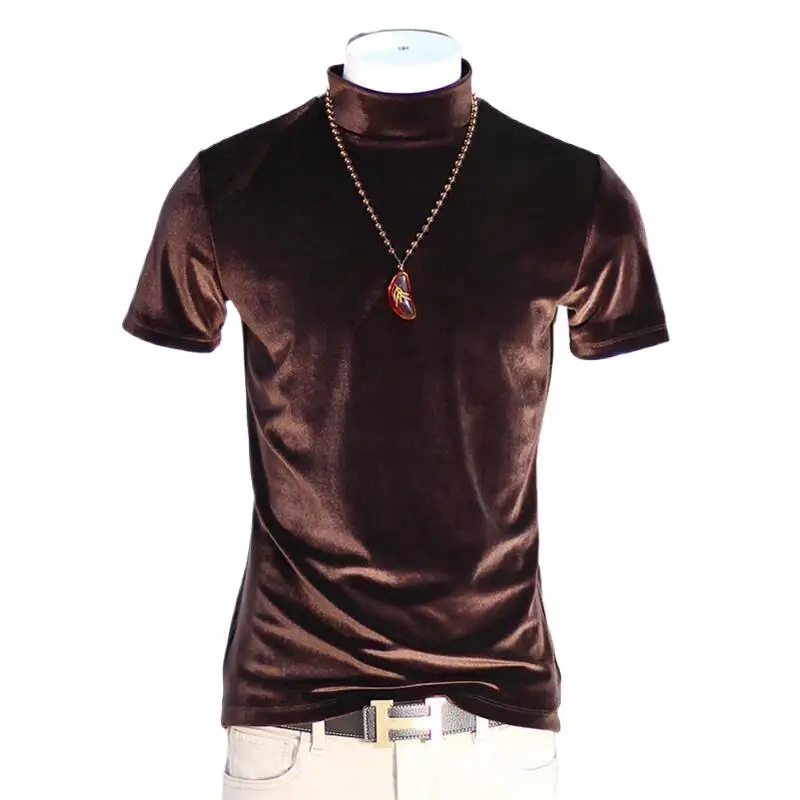 Men Summer Velvet Tops Solid Turtleneck Short Sleeves Velour T-Shirts ...