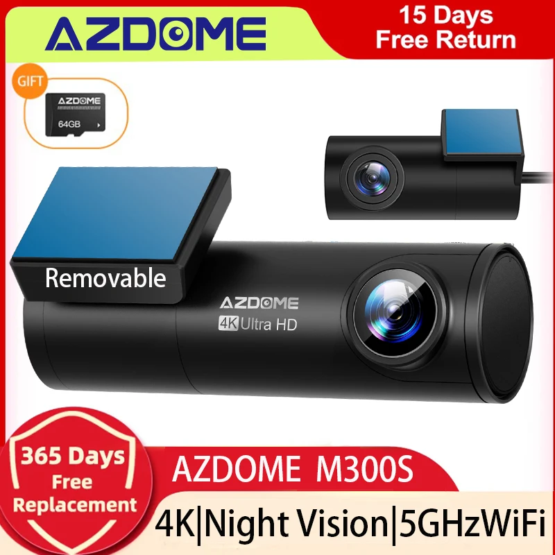 AZDOME M300S 4K + 1080P Dual Dash Camera with 5.8GHz WiFi GPS Night ...