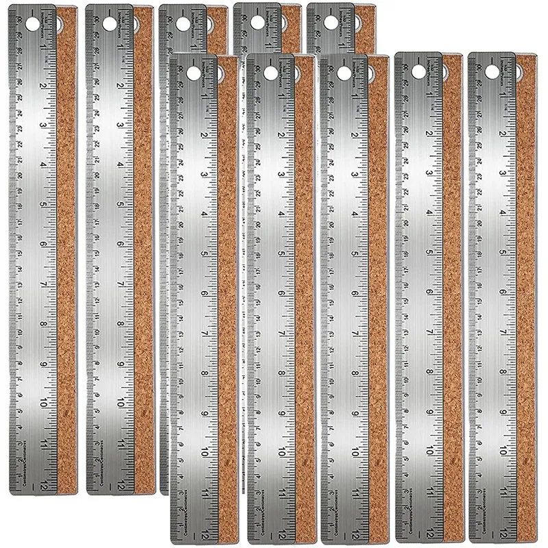 10 Pcs 12 Inch Metal Ruler Non Slip Cork Backing Stainless Steel Rulers ...