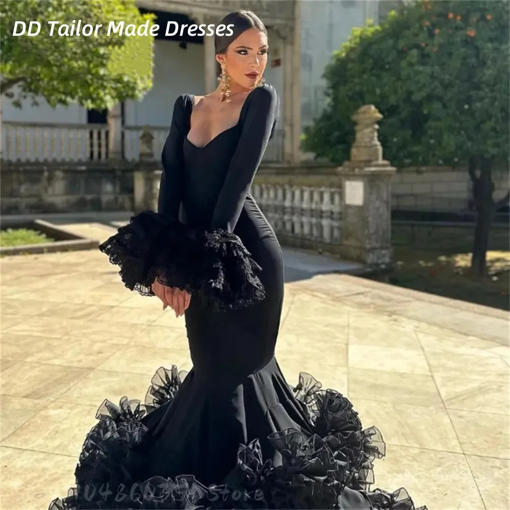 Elegant Spanish Flamenco Black Prom Dress Mermaid Long Sleeve Evening ...