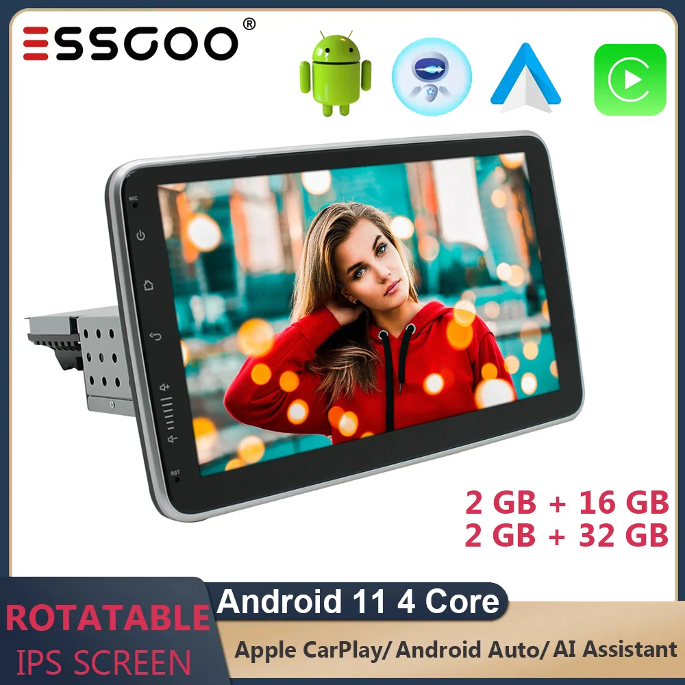 Essgoo 1 din rotatable carro rádio carplay android autoradio com 10 "ips tela bluetooth wifi rds ...