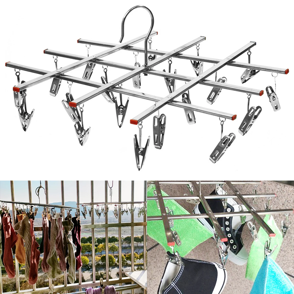 Stainless-Steel-Clothes-Drying-Hanger-20-Clips-Foldable-Sock-Hanger ...