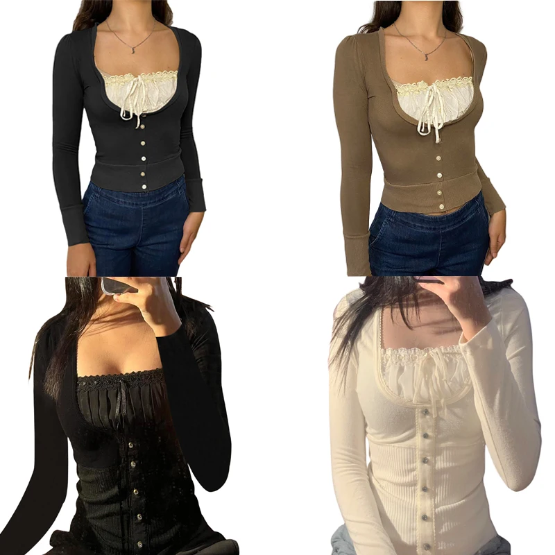 2022-Fairycore-Bow-Low-Cut-Long-Sleeve-Top-Fall-Y2K-Womens-Fashion ...
